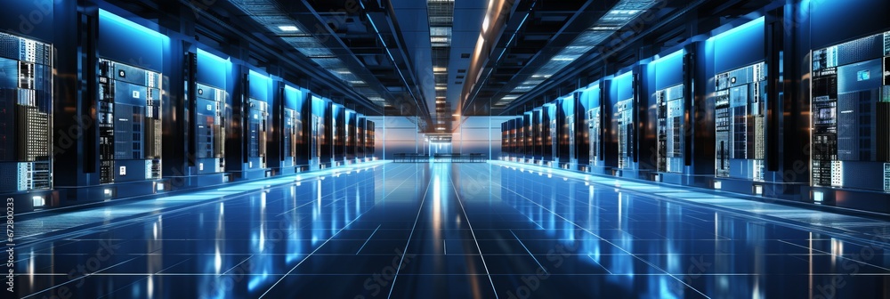 Sleek modern data center with state of the art server racks emitting a ...