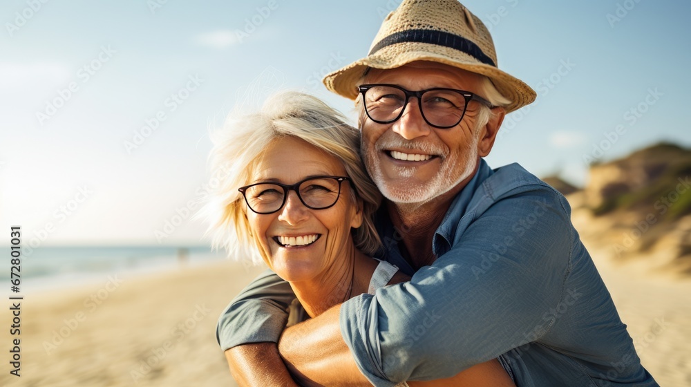 Un couple senior, amoureux qui s'enlace sur la plage sous un beau ciel ...