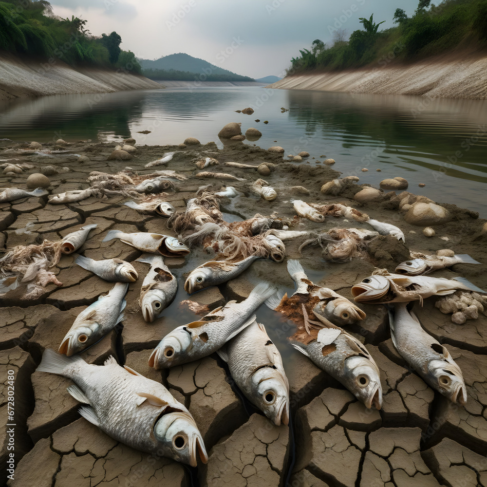Dead fish on cracked riverbed depicting drought and environmental ...