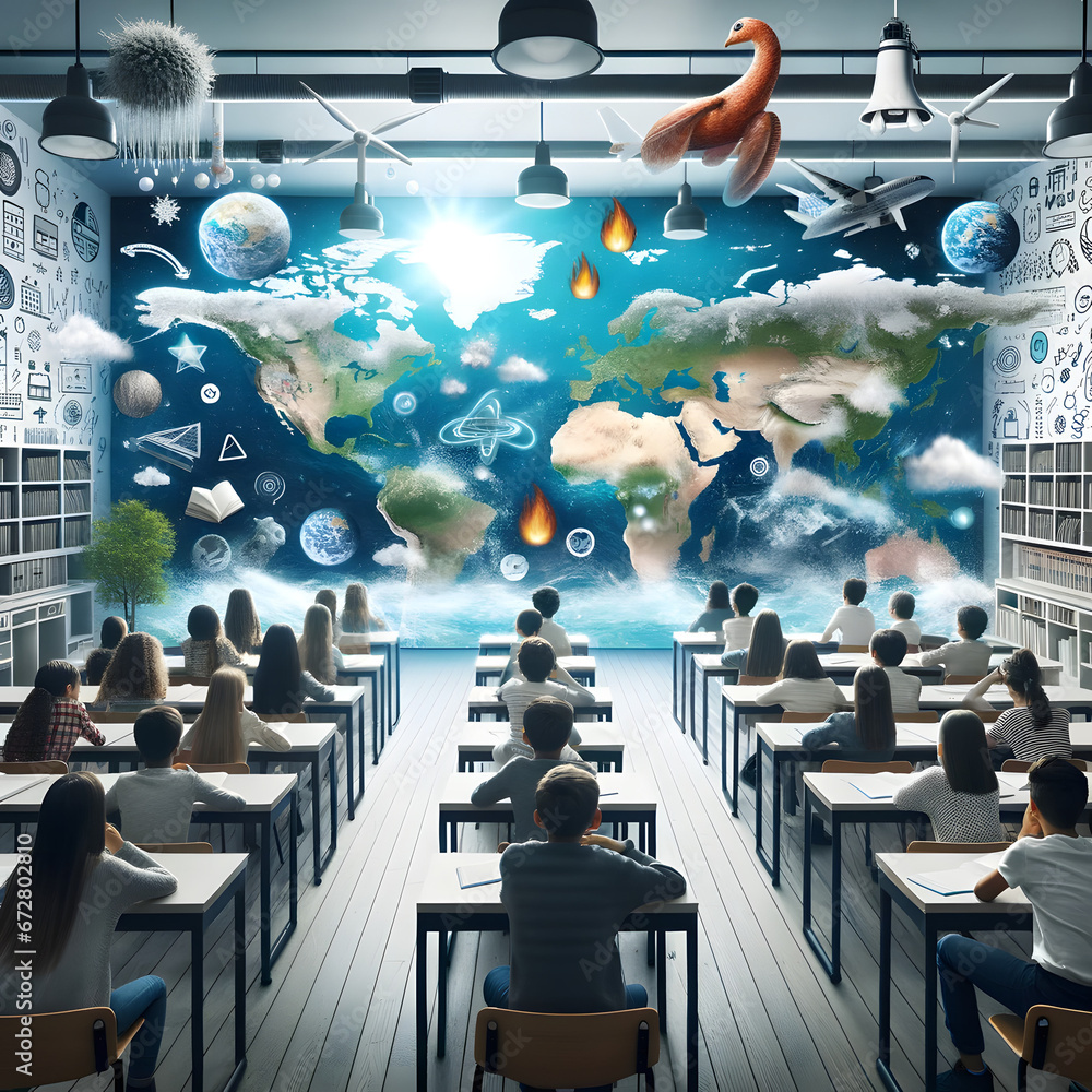 Students in a classroom with an interactive global education mural ...