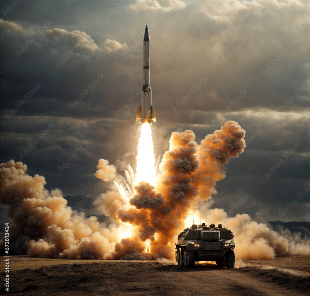 Ballistic missile is launched from land. An armored military vehicle ...