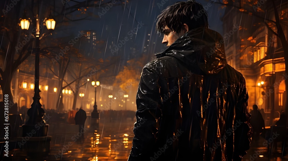 A sad broken person in a raincoat walking on a rainy street at night ...