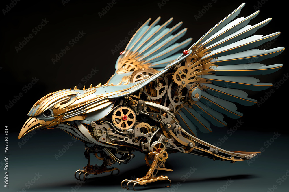 The robotic bird, adorned with intricate gears and cogs, soars through ...