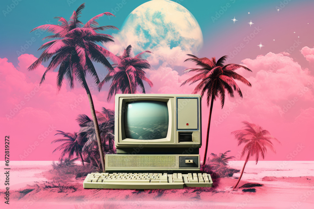 Collage of vaporwave elements from the '90s, featuring retro computer ...
