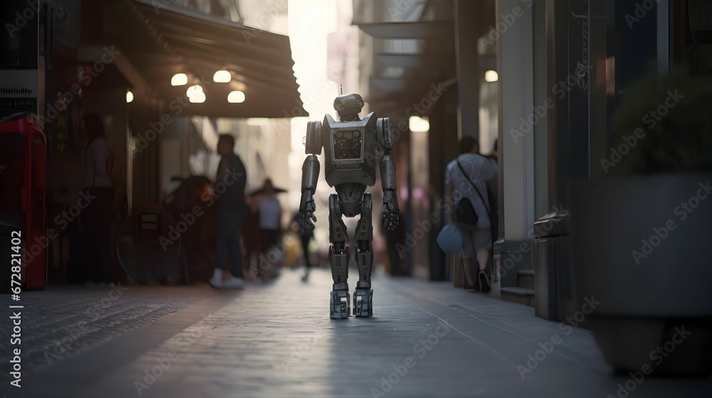 AI generated illustration of a robotic figure walking down a bustling ...