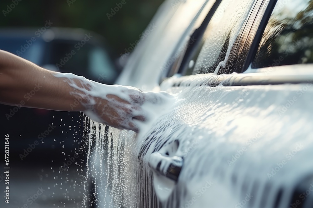 Washing car with soap and water. Close up of female hand washing car ...