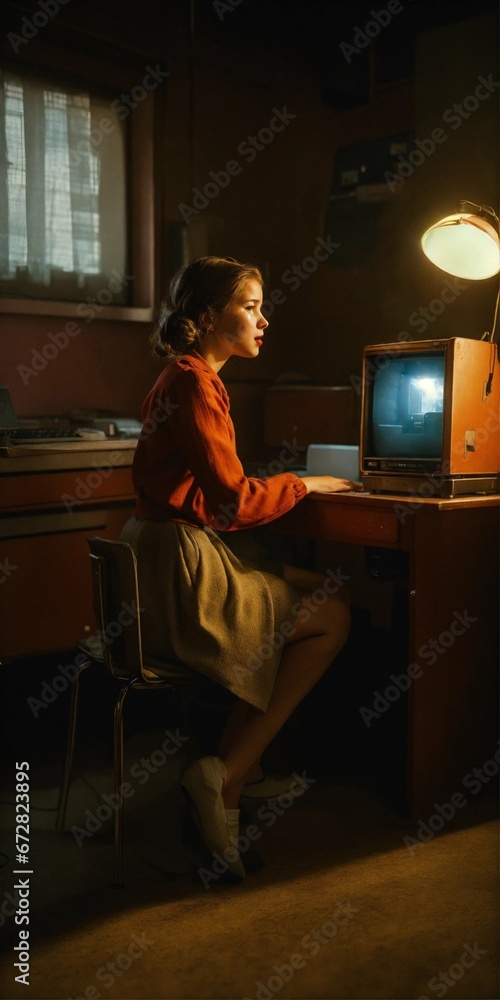 Soviet girl sitting in a chair in front of a soviet computer in the ...