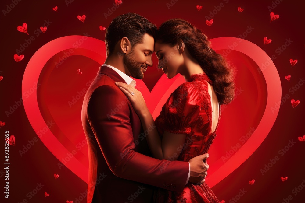 Saint-Valentin, un jeune couple amoureux sur un fond rouge rempli de ...