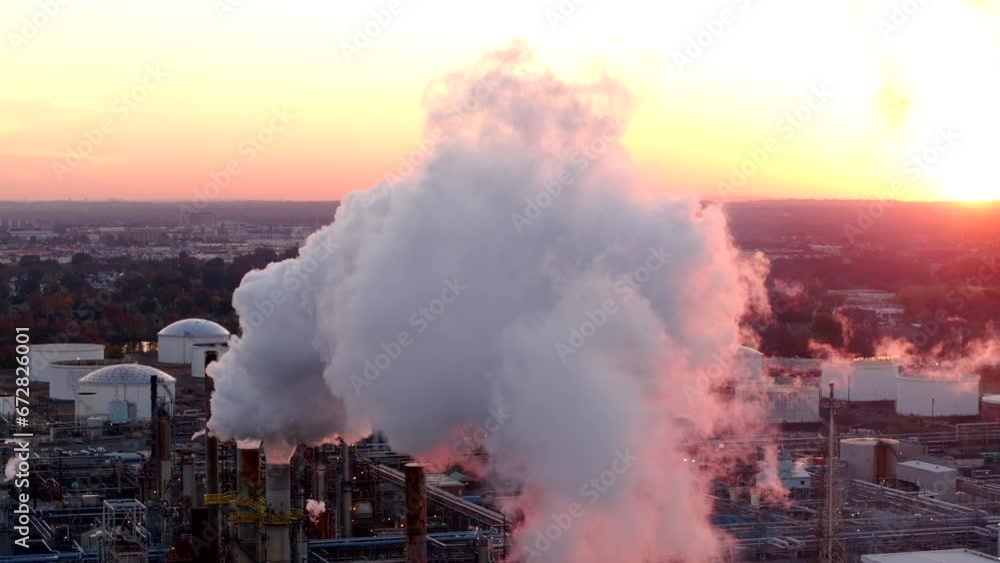 Flue gas at sunset. Aerial drone video of an industrial power plant ...
