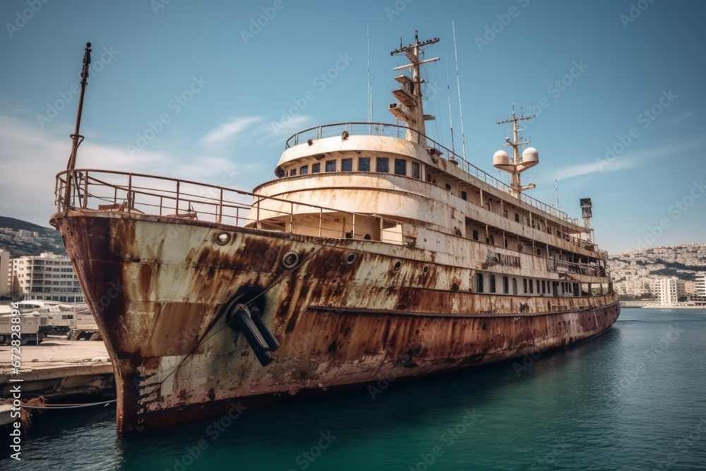 Rusty damaged old yacht anchored in the port. Ai generated Stock Photo ...