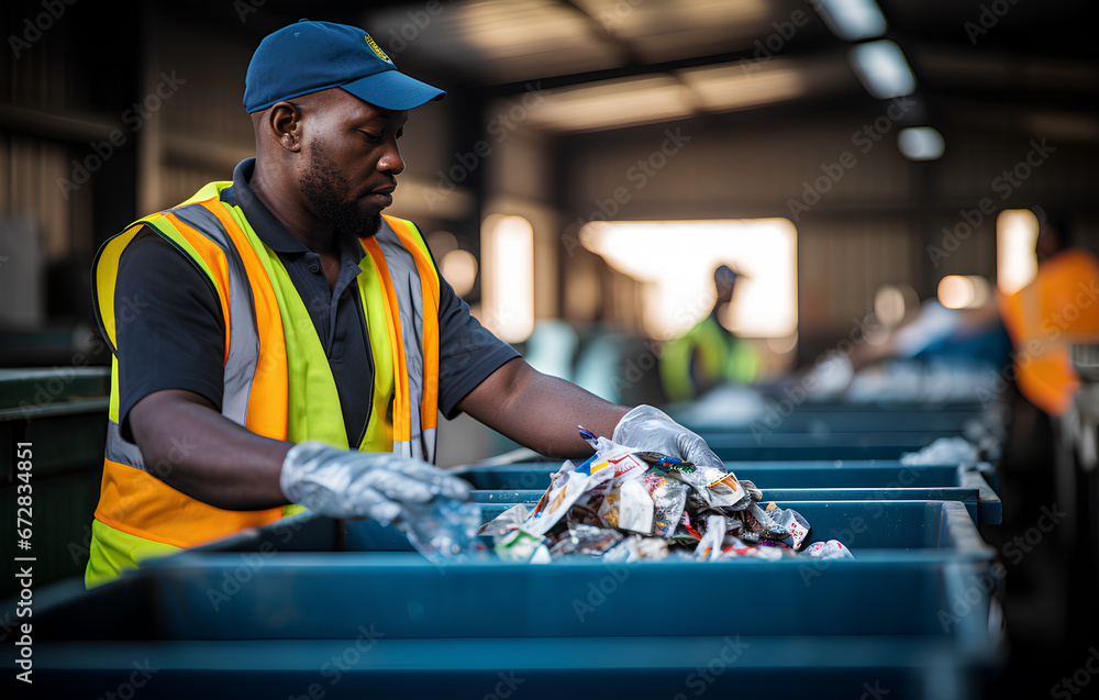 Foto Stock Male worker sorting recyclable materials into separate bins ...