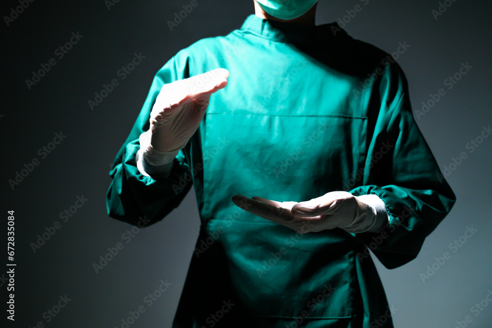 Female doctor surgeon hand interaction mockup gesture wearing scrub ...