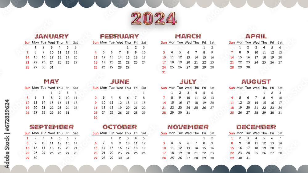 Annual calendar template for 2024 year. Week Starts on Sunday. Business ...