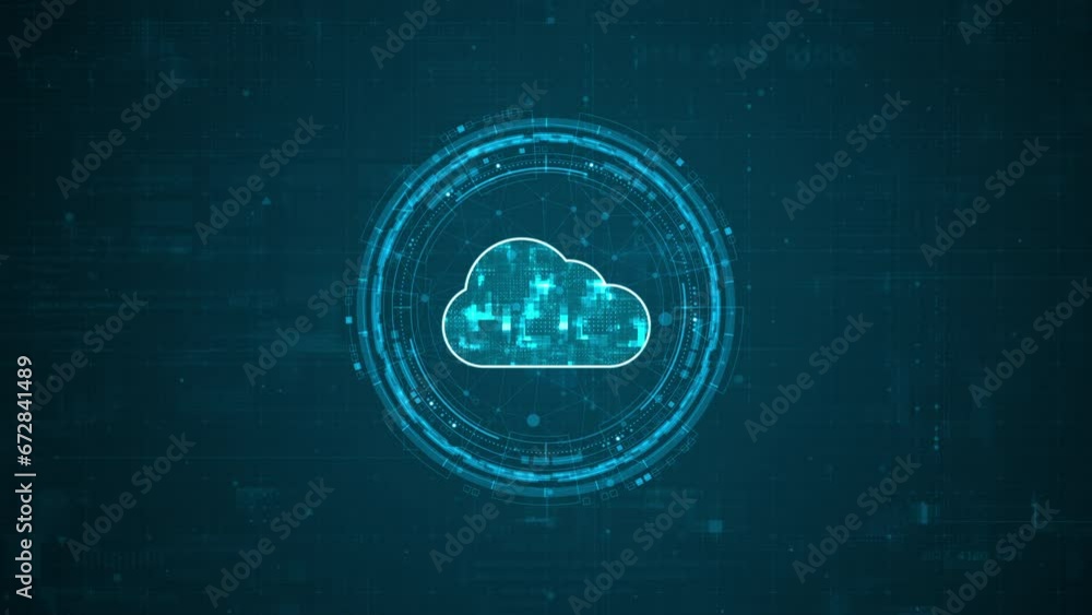Motion Graphic Of Blue Digital Cloud Computing Logo And Circle Futuristic Hud Elements With