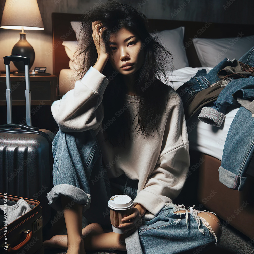 Young Asian woman looking exhausted and disheveled, sitting in a dimly ...