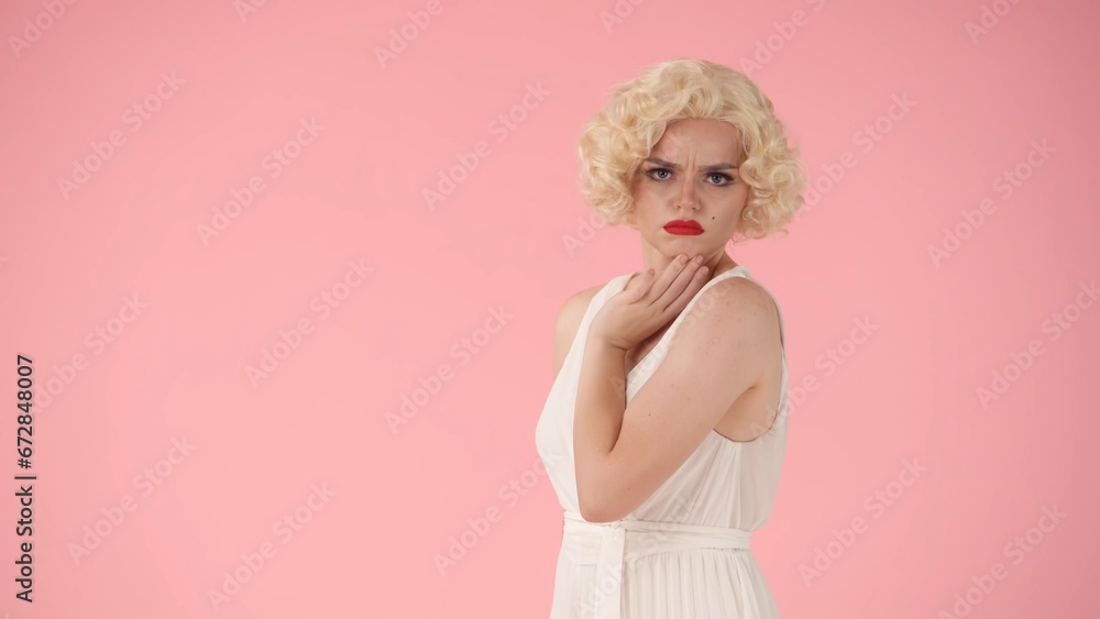 Side view of an offended young woman with pouting lips. Profile ...
