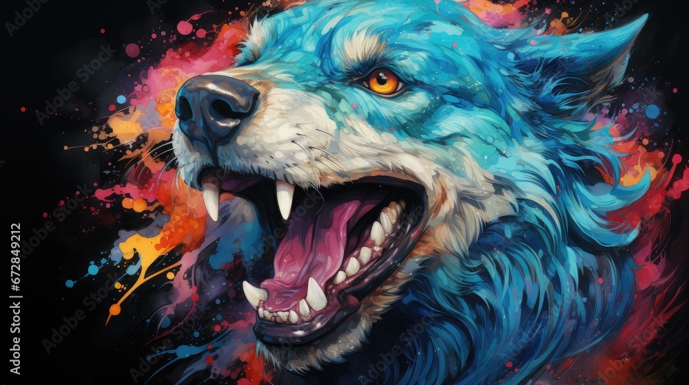a painting of a blue wolf with its mouth open and it's teeth painted ...