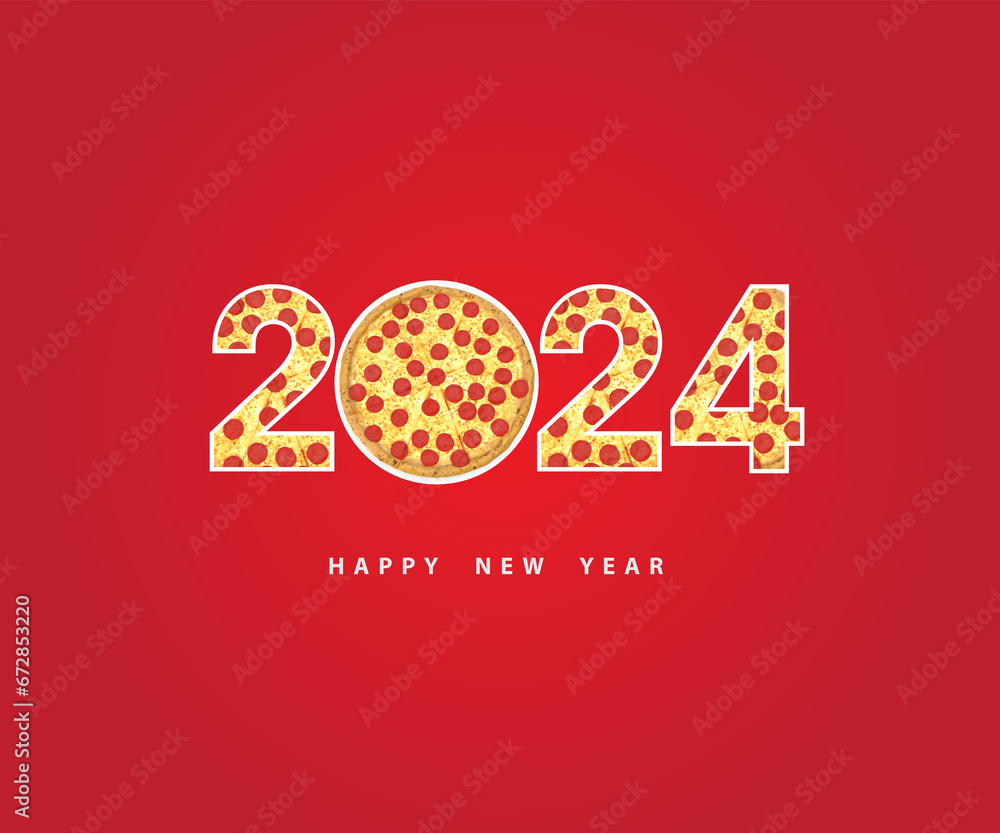 Happy New Year 2024, Eve number 2024 with a Pizza logo, Concept for a Food chart, Restaurant ...