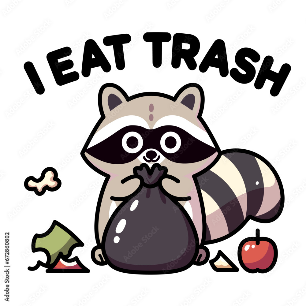 Funny Adorable raccoon happily digging into a trash bag, with bits of ...