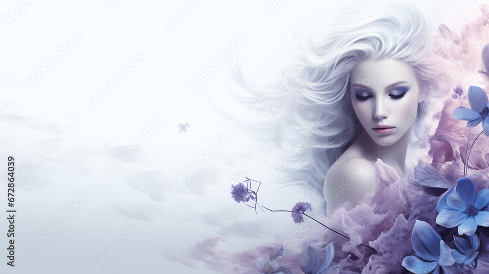 Bright beautiful young woman on white background, surrounded by purple ...