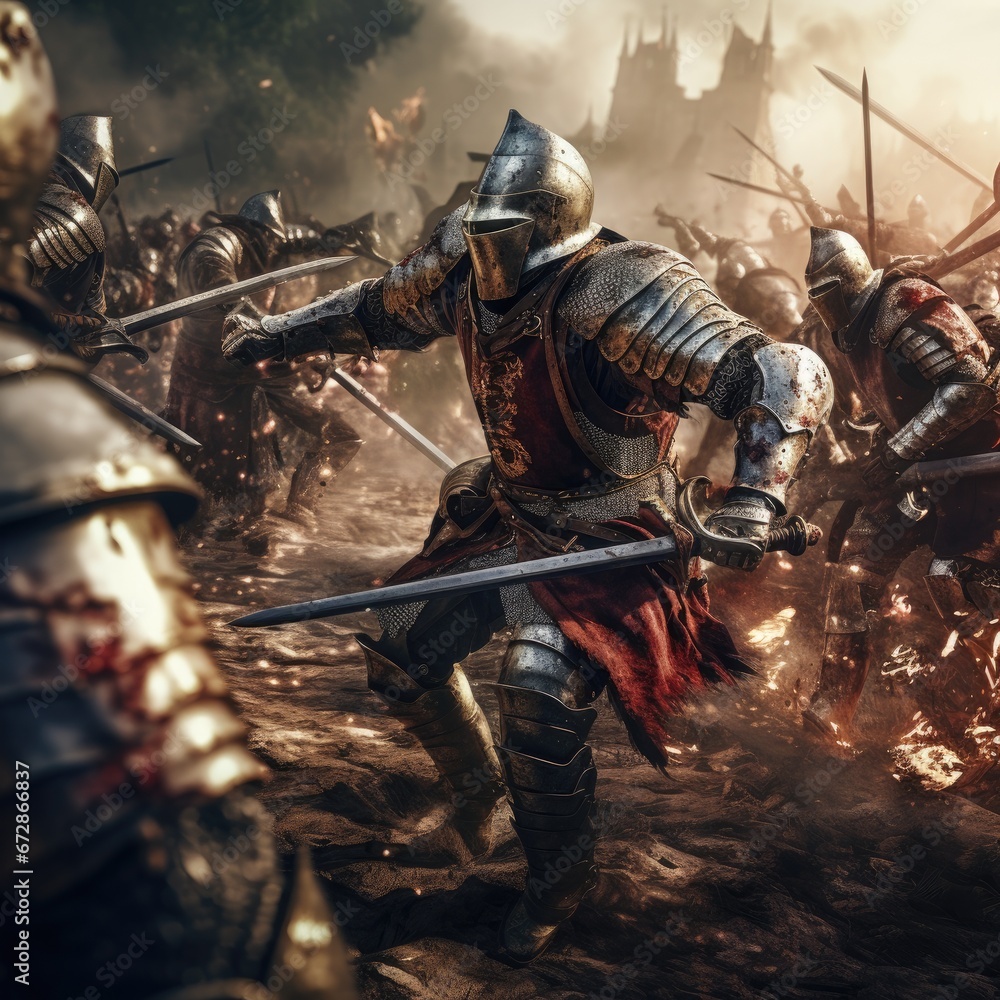 Medieval battlefield with knights in full armor clashing Stock Photo | Adobe Stock