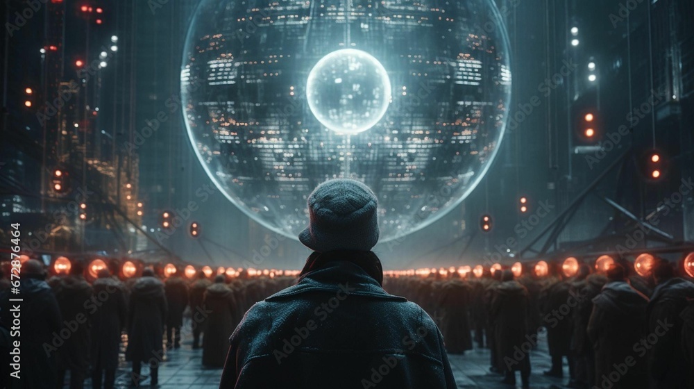 AI generated illustration of a person in front of a sci-fi background ...