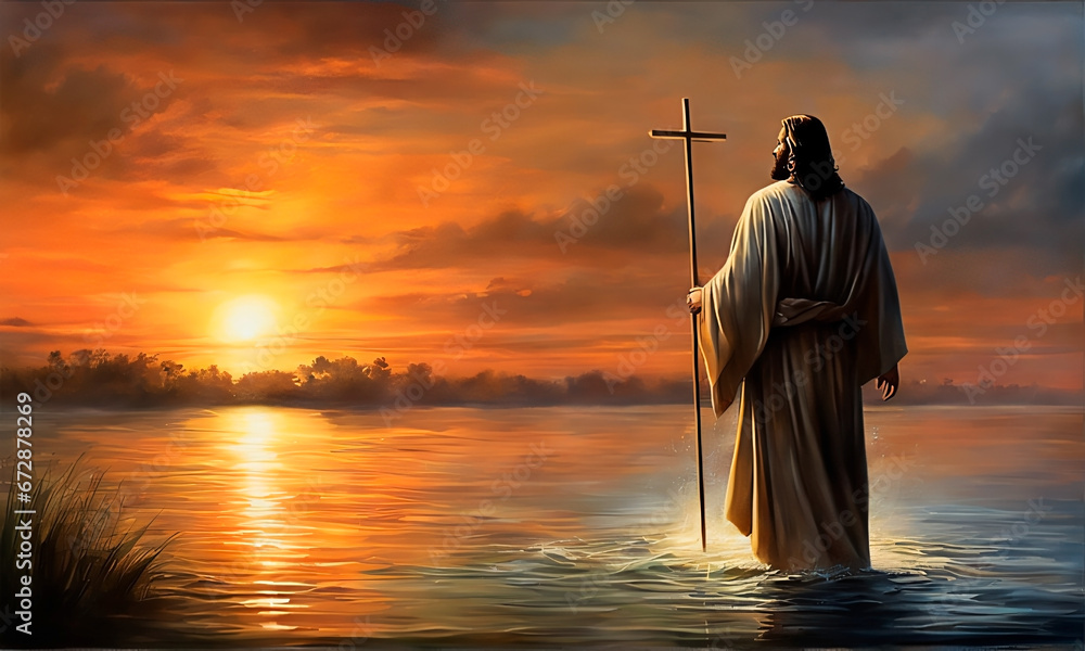 Jesus Christ holding a cross-shaped staff walking n the water in a ...