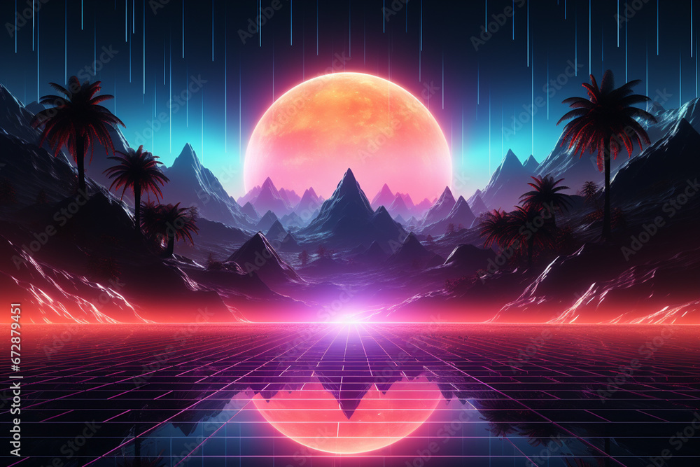 Retro neon background with mountain and plam tree 80s style laser grid ...