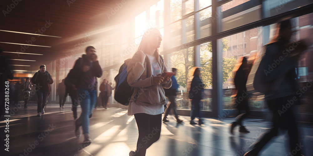 College students walking in a rush on college university campus Stock ...