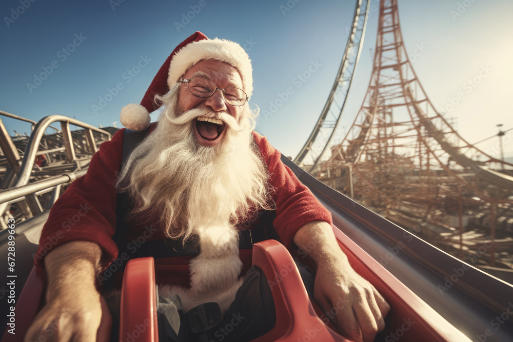 Santa Claus riding roller coaster at amusement park. Ai generative art ...
