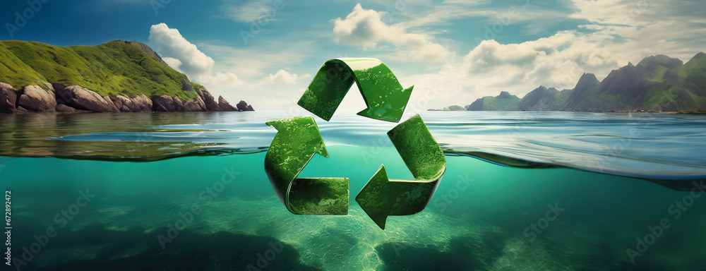 Green recycle and reuse arrow symbol or eco sign over sea surface ...