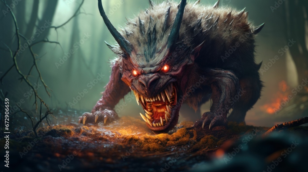 scary furry monster creature with large horns protruding from its head ...