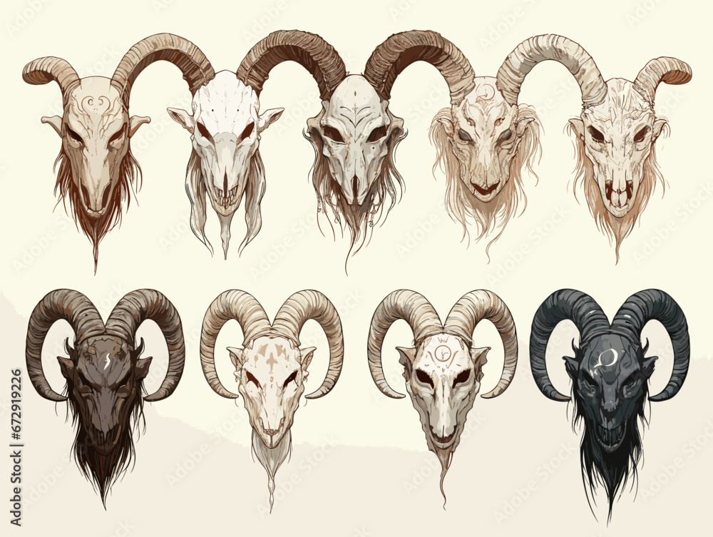 Drawing of 8 types of Satanic Goat Head horns Sheep Skull illustration ...
