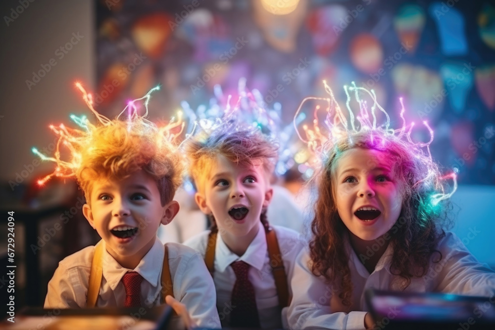 Children with vibrant, glowing lights in their hair, showcasing ...