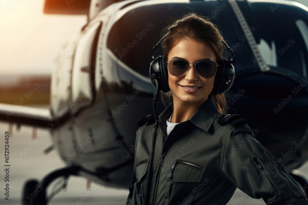 Military helicopter pilot, a woman in uniform, standing proudly next to ...