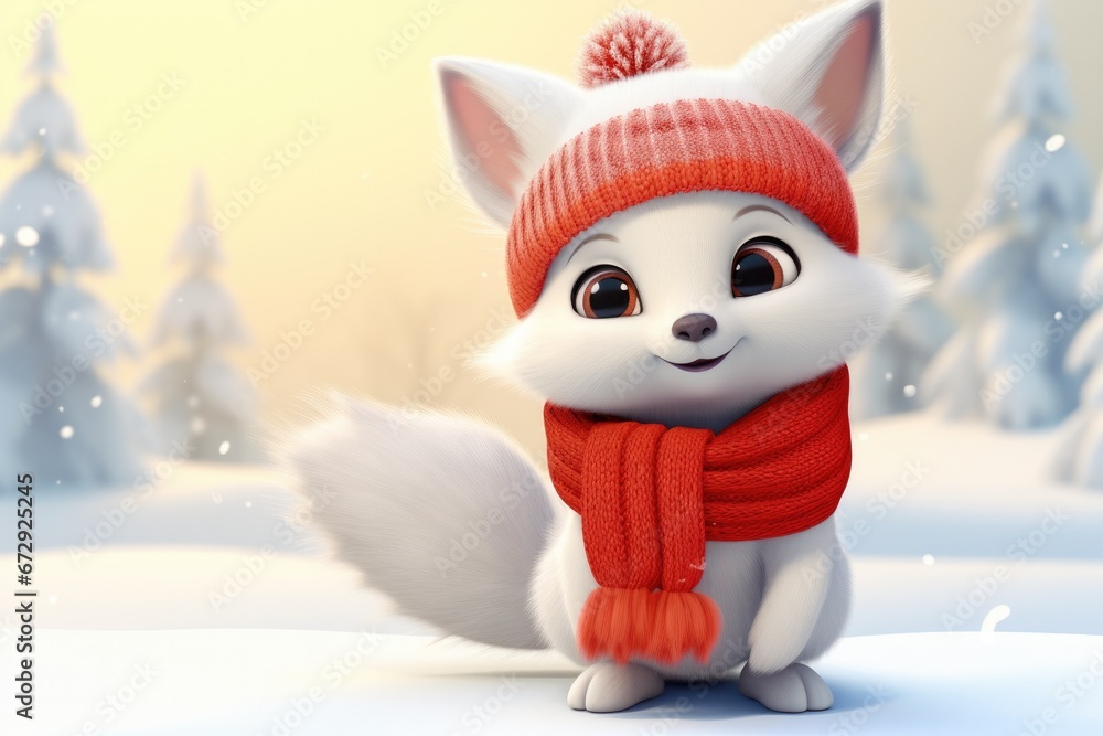 Cute Cartoon Snow Fox Wearing a Red Scarf on a Snowy Background with ...