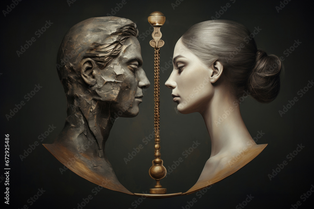 Gender equality concept: depiction of a man and woman standing opposite ...