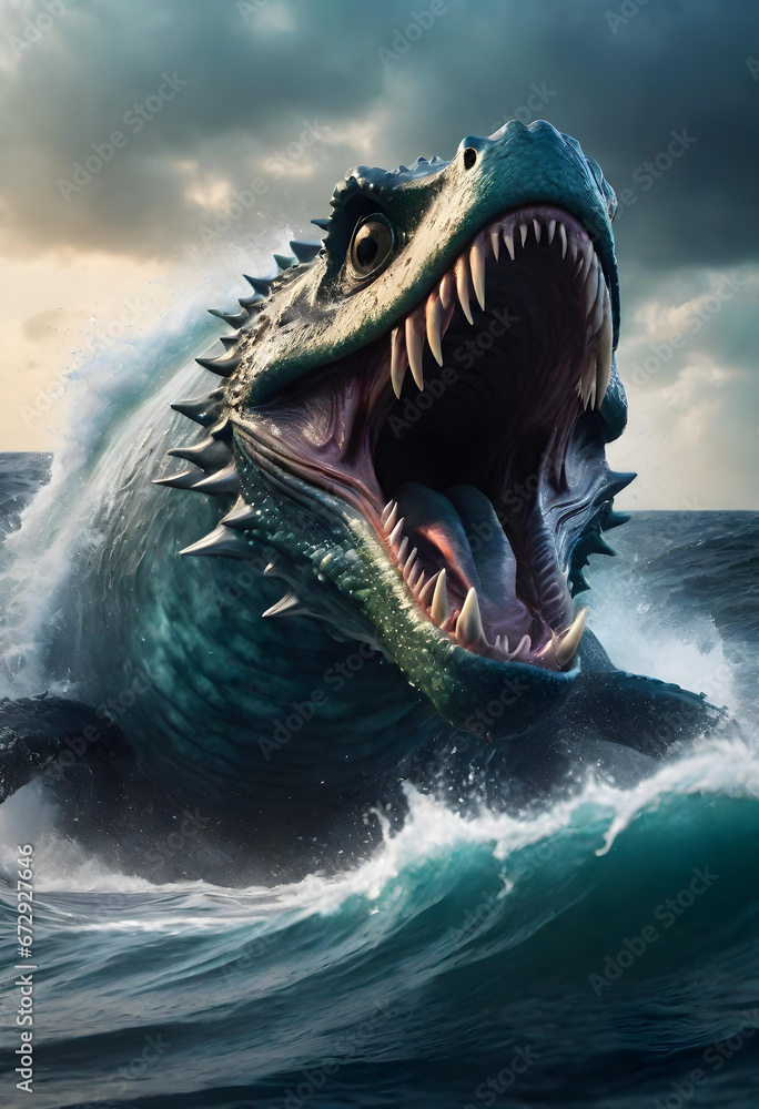 a giant dangerous roaring sea monster coming out of the water ...
