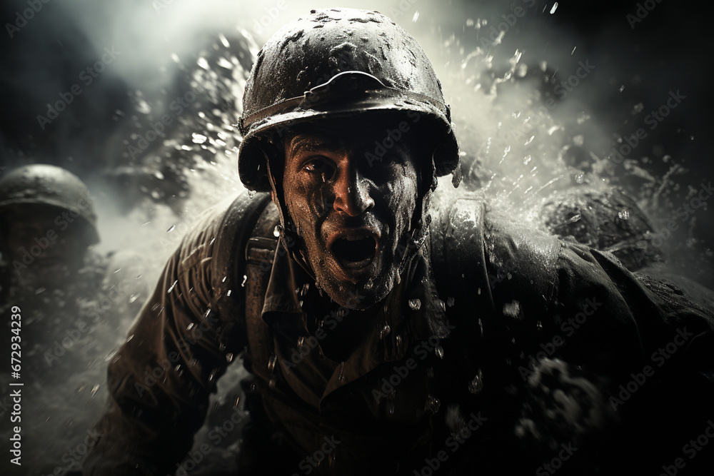 War Concept. Scared people running from fighting on war fire background ...