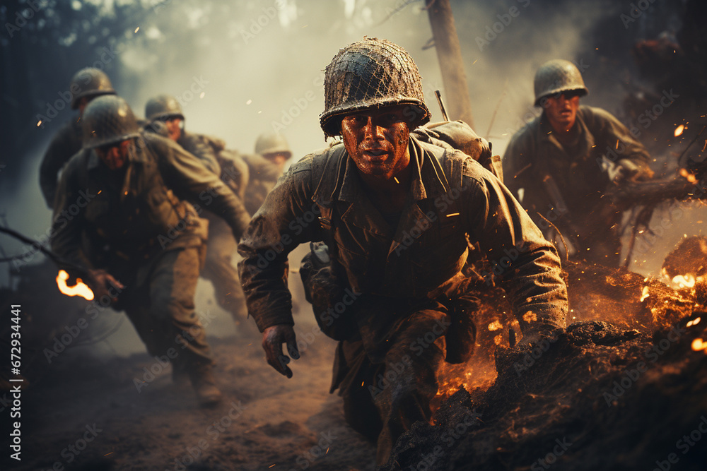 War Concept. Military silhouettes fighting scene on war fire background ...