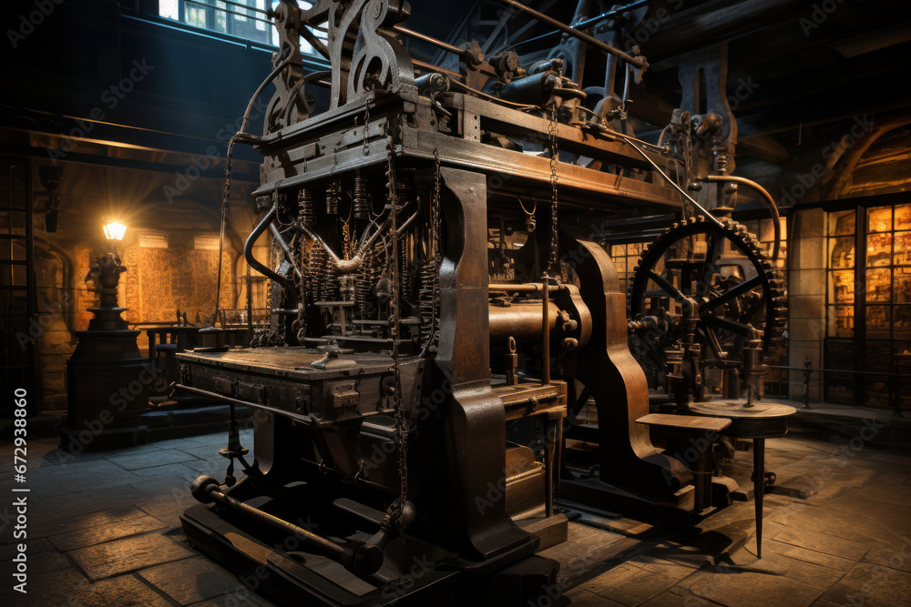 An old printing press in a historic newspaper museum, illustrating the ...