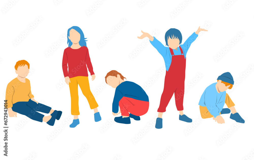 Set of boy and girls standing and sitting, hands up, profile, different ...