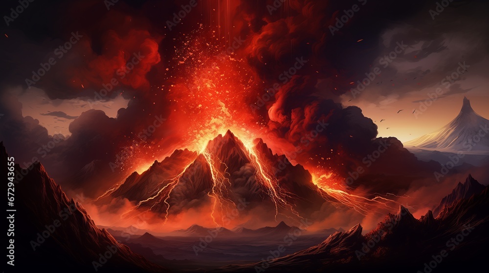 Big volcano eruption, erupting with fiery lava and fire spewing from ...