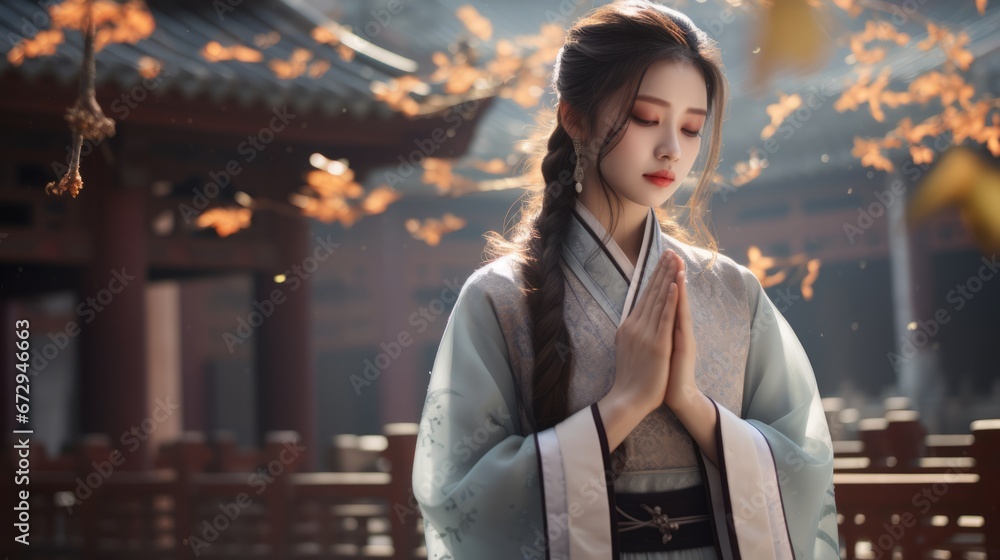 A beautiful Chinese woman in Hanfu prays with her hands together in an ...