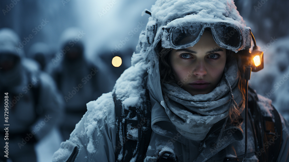Portrait of man soldier, action battle army in winter . Great explosion ...