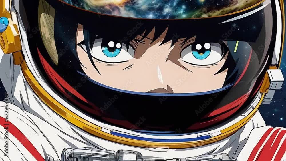Anime character wearing a space helmet, with a reflection of the Earth ...