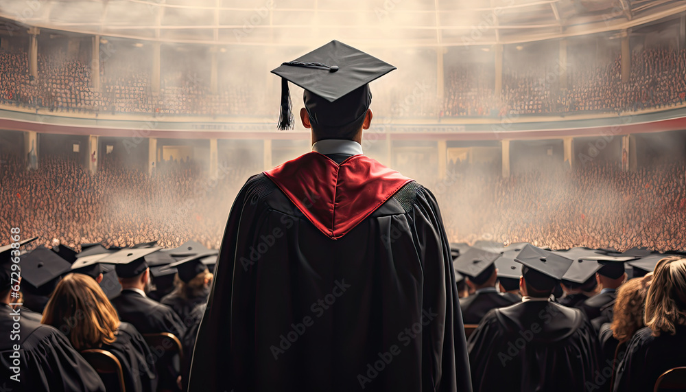 Back view image of graduate student in graduation cap and gown watching ...