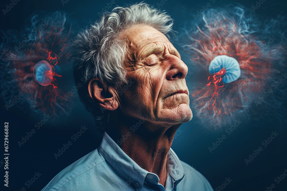 An old gray-haired man has hallucinations, headaches, warning signs of ...