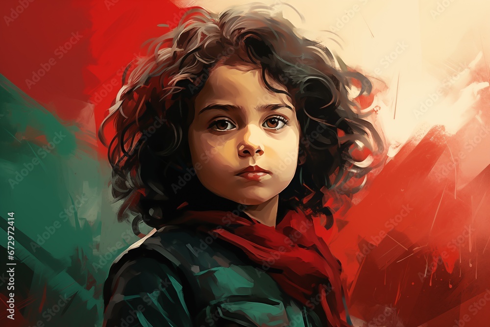 Palestinian Girl in Front of the Palestinian Flag, portrait ...