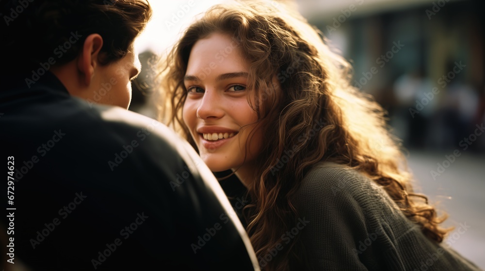 woman smiling looking man long puffy curly hair focus girl model full ...